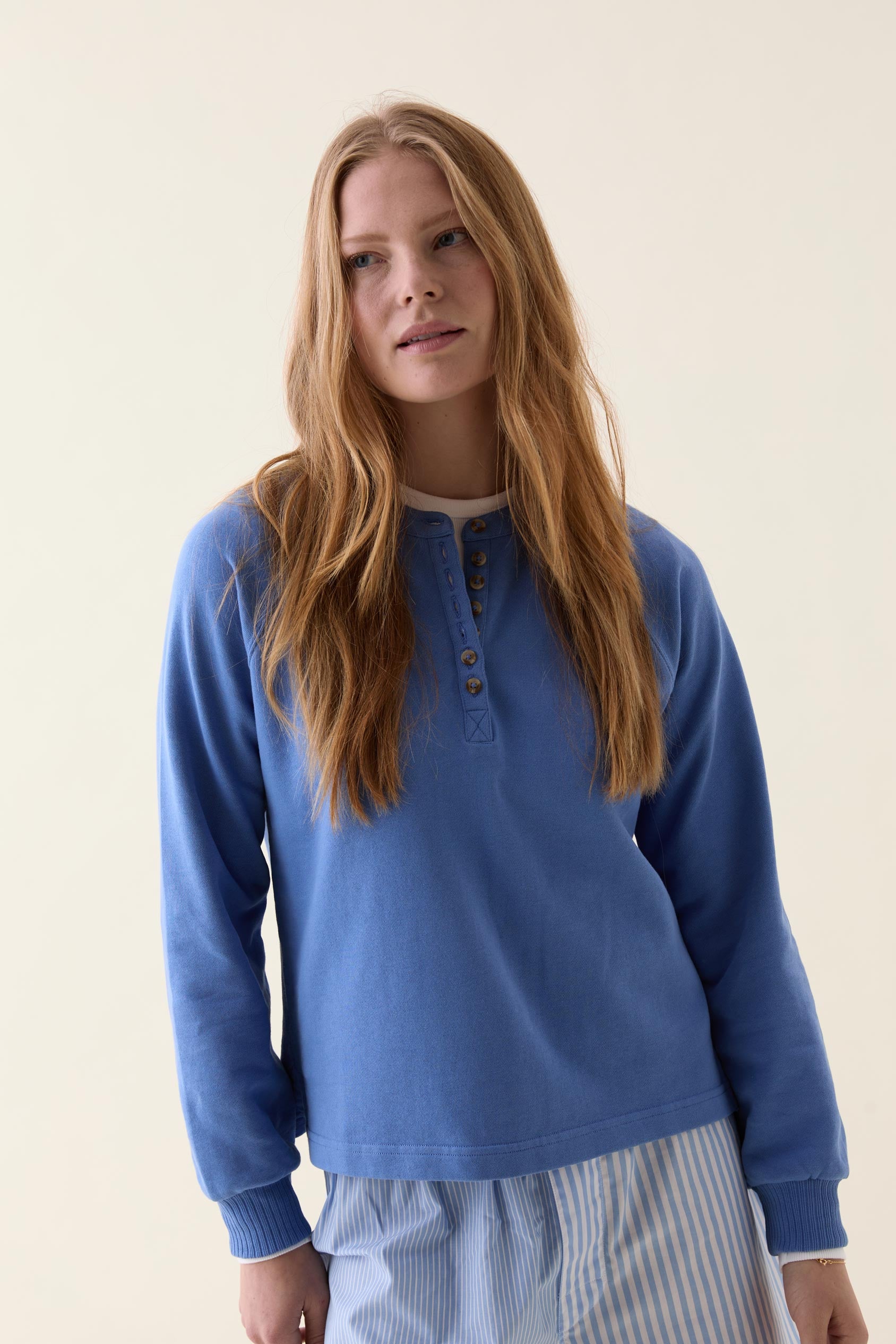 Women's Hadlow Henley Sweat 100% Cotton in Blue Beaufort & Blake