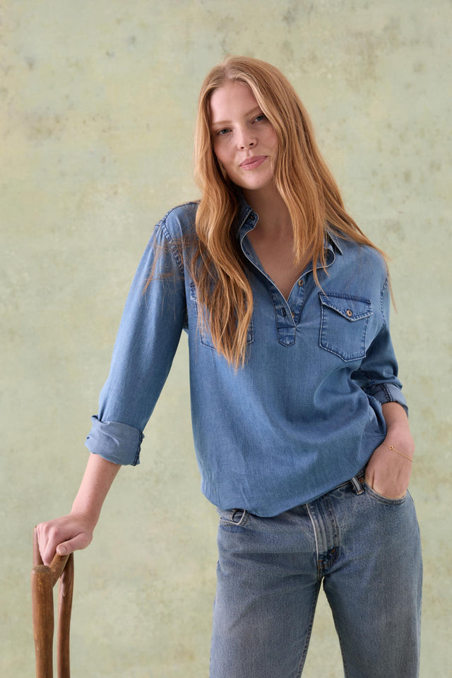 Keymar Washed Indigo Popover Top