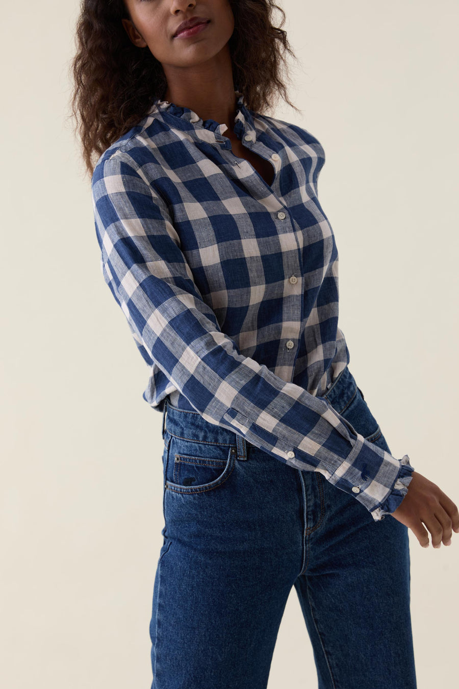 Women's Ockley Gingham Ruffle Linen Shirt 100% Linen in Blue Beaufort ...